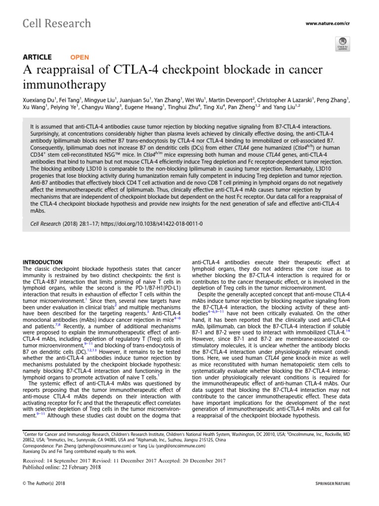A Reappraisal of CTLA-4 Checkpoint Blockade in Cancer Immunotherapy | PDF | Monoclonal Antibody ...