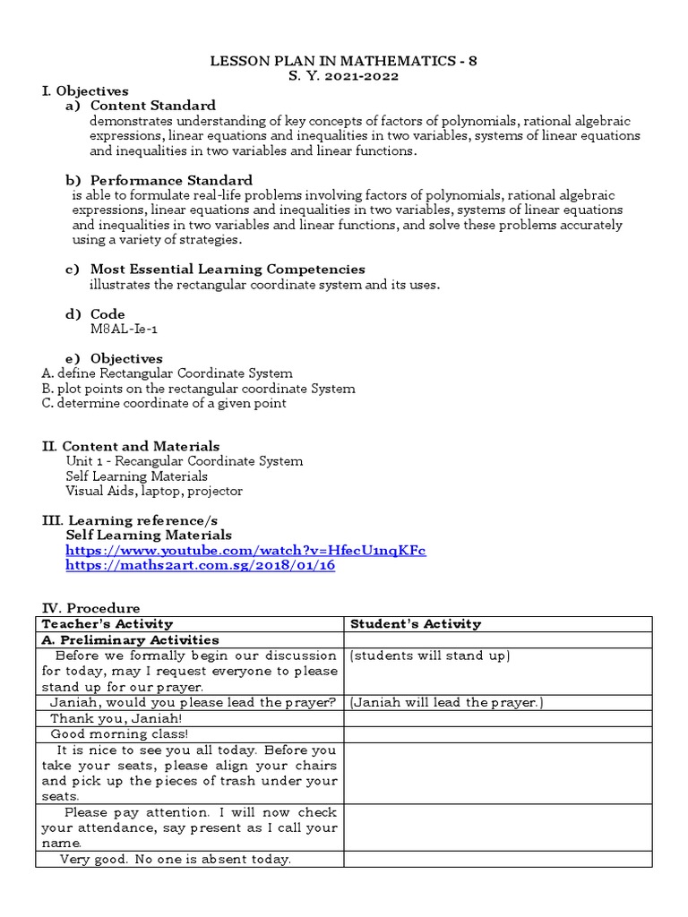 Mathematics 8 Lesson Plan | PDF | Cartesian Coordinate System | Equations