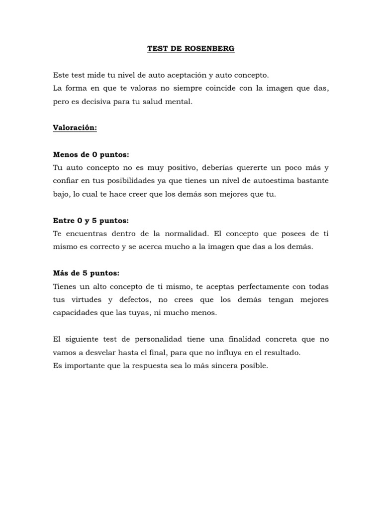 Test de Rosenberg (Test de Autoconcepto y Escala de Estres | PDF ...