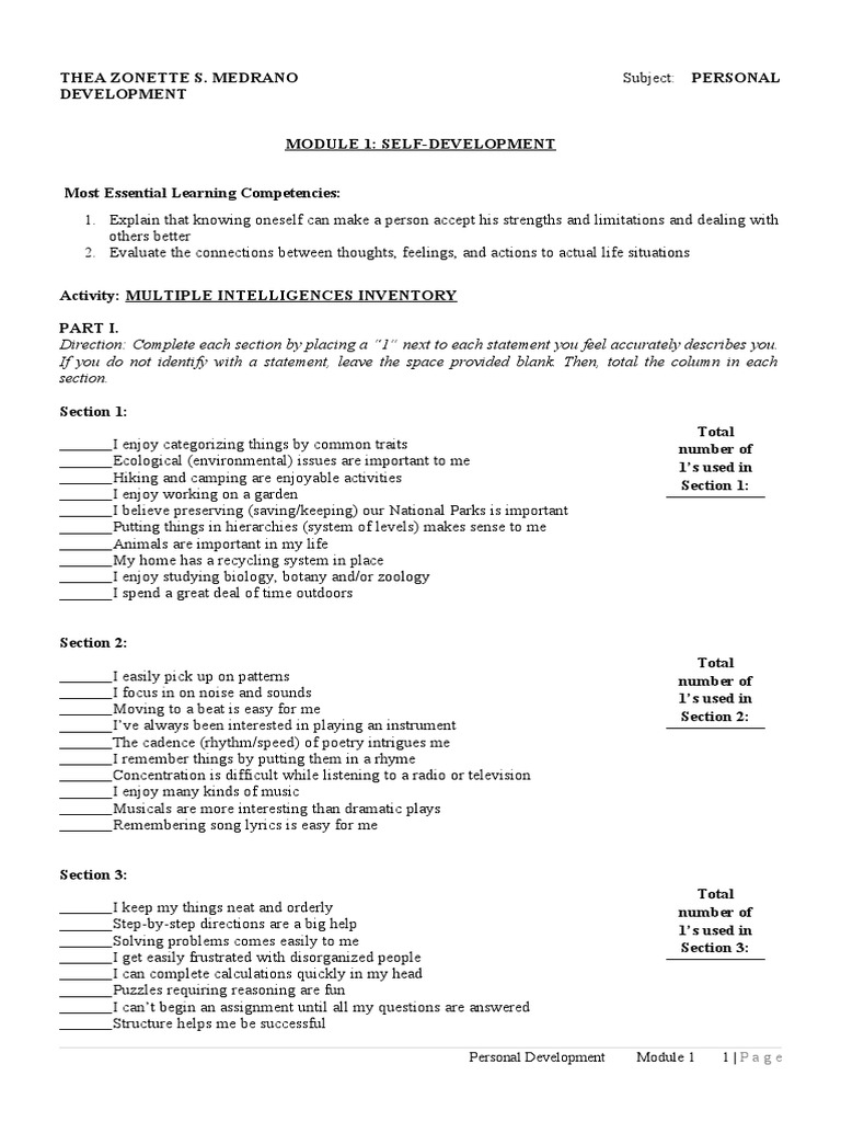 Activity Sheets Module 1 Personal Development | PDF | Feeling | Mind