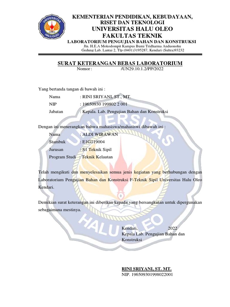 Universitas Halu Oleo Fakultas Teknik: Kementerian Pendidikan, Kebudayaan, Riset Dan Teknologi ...