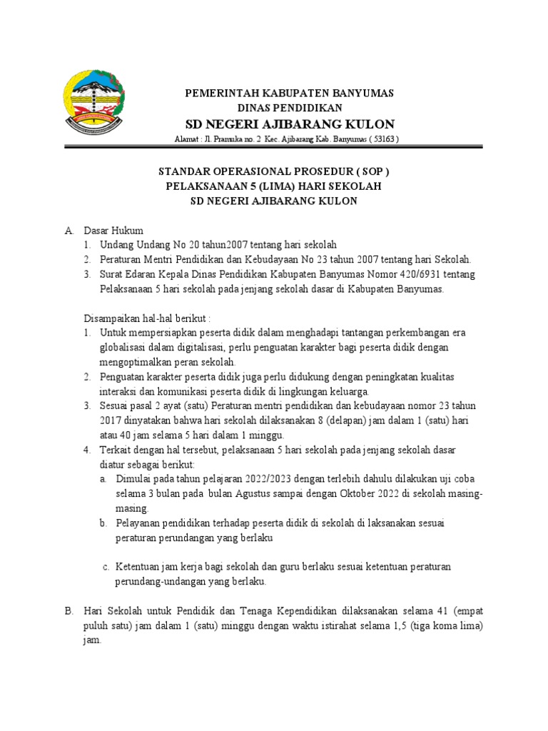 SOP Pelaksanaan 5 Hari Sekolah | PDF