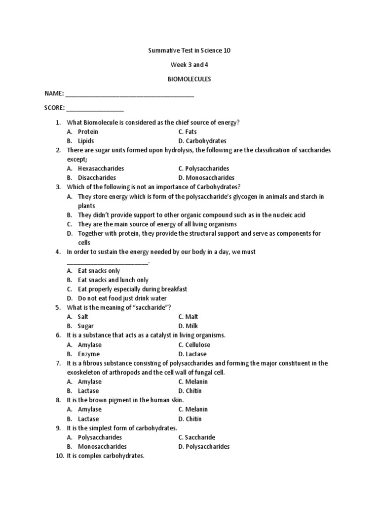 Grade 10 Biomolecules Test | PDF | Carbohydrates | Polysaccharide