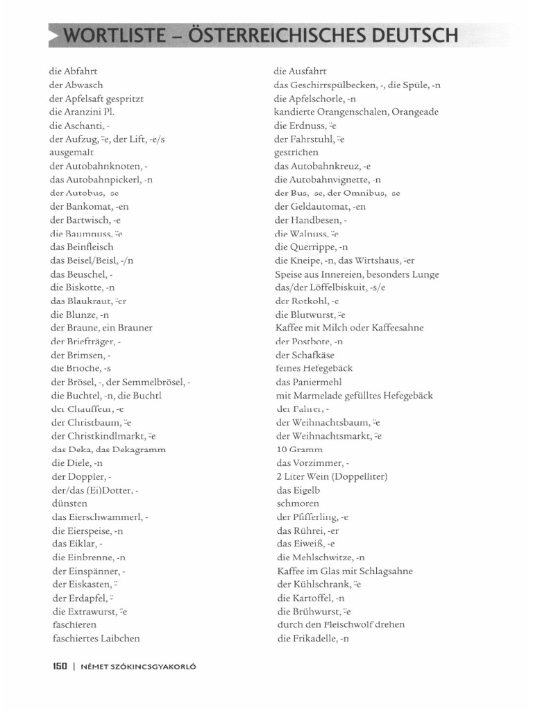 Szókincsgyakorló - Wortliste - Österreichisches Deutsch | PDF