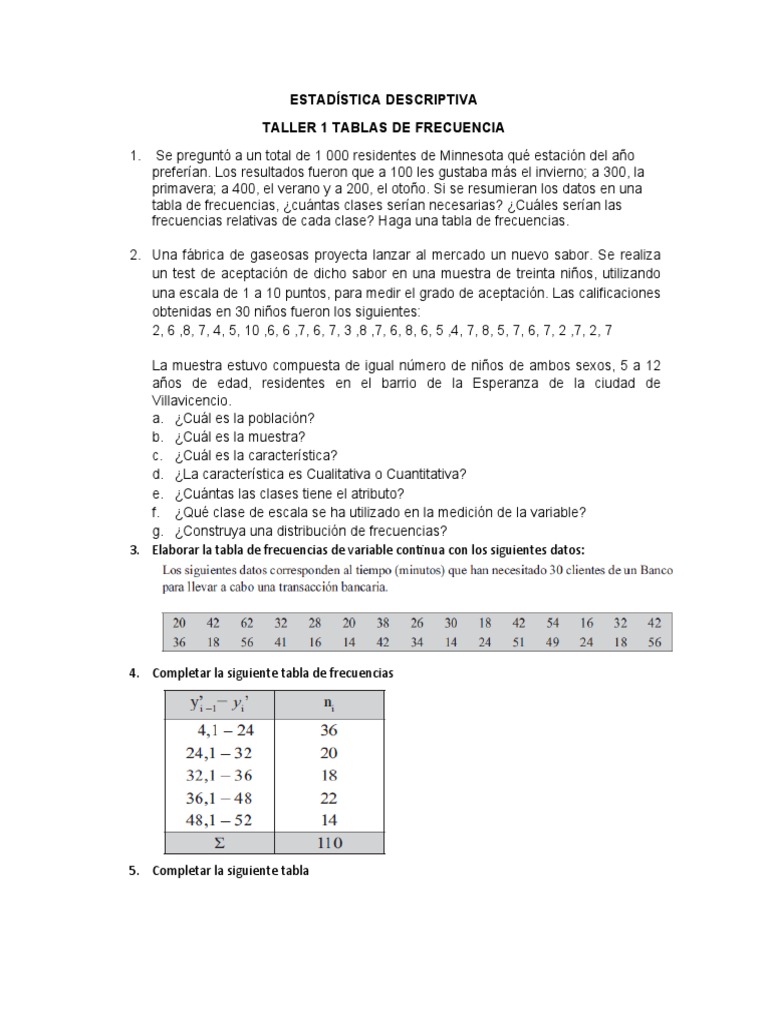 Estadística Descriptiva Taller 1 Tablas de Frecuencia | PDF