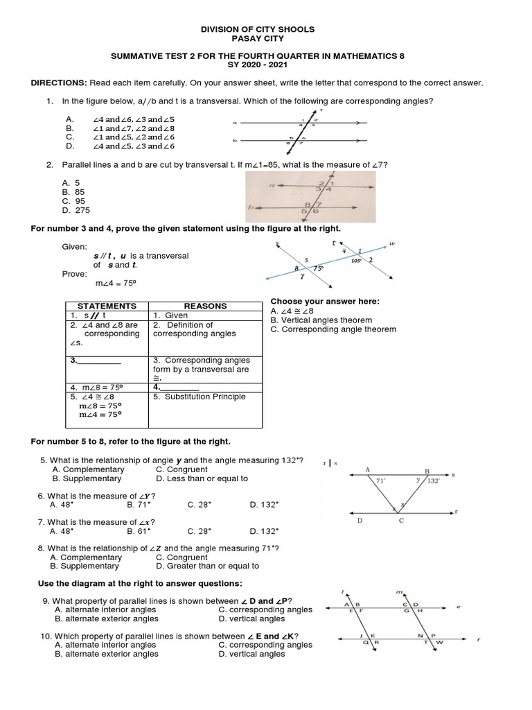 Math Summative Test Questions | PDF | Perpendicular | Angle