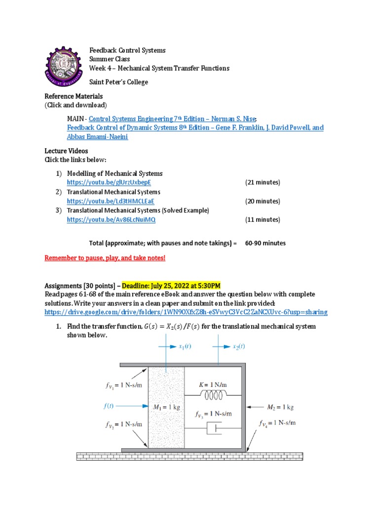 Week 4 Translational Mechanical System Transfer Functions | PDF Week 4 Translational Mechanical System Transfer Functions | PDF