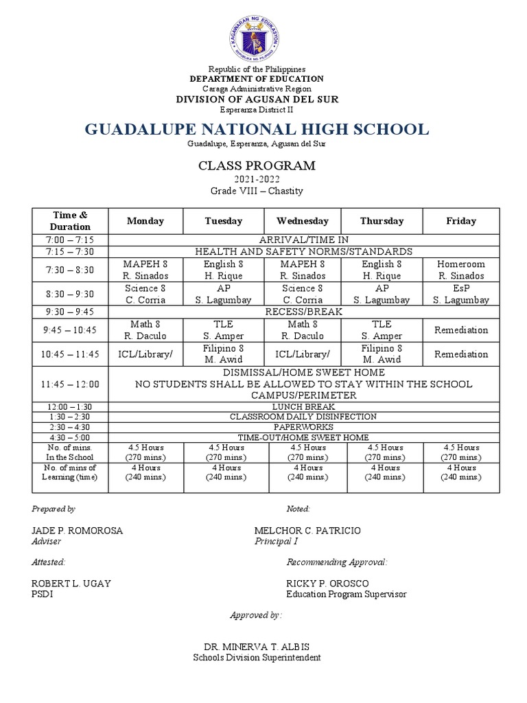 Guadalupe National High School: Class Program | PDF | Educational Organizations | Educational ...