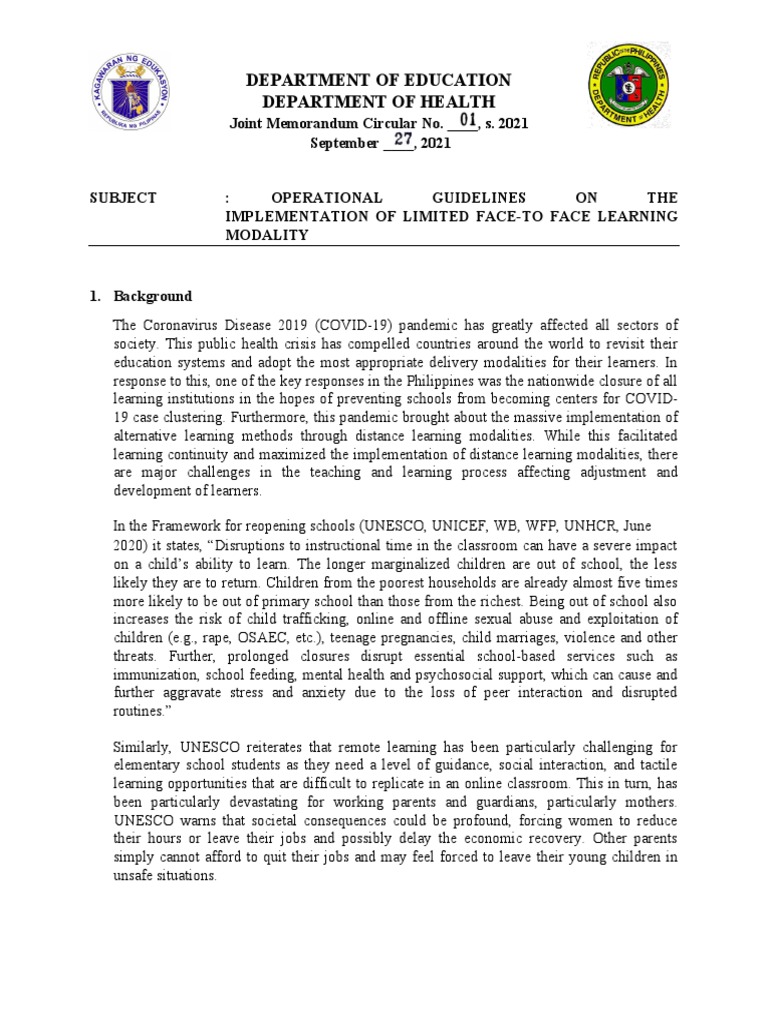 DEPED DOH JMC No. 01 S. 2021 | PDF | Personal Protective Equipment ... DEPED DOH JMC No. 01 S. 2021 | PDF | Personal Protective Equipment ...