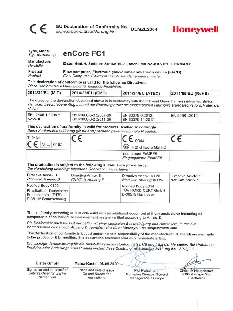 Encore FC1 - Eu Declaration of Conformity DEMZE2004 - en de | PDF