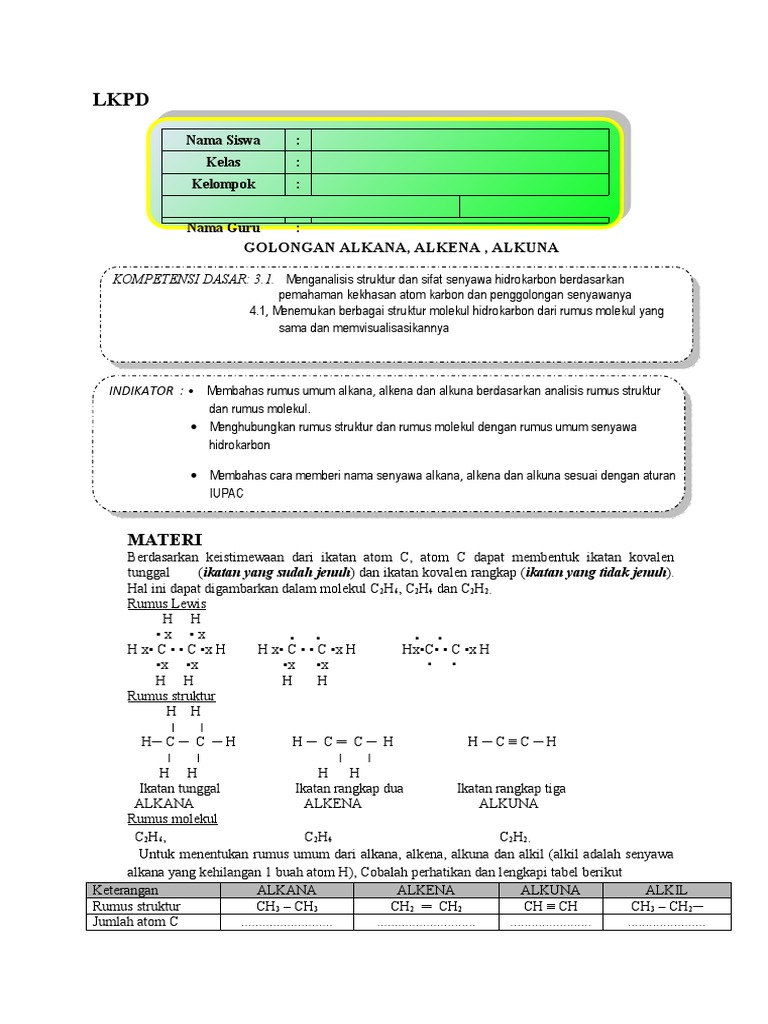 LKPD Golongan Alkana, Alkena Dan Alkuna | PDF