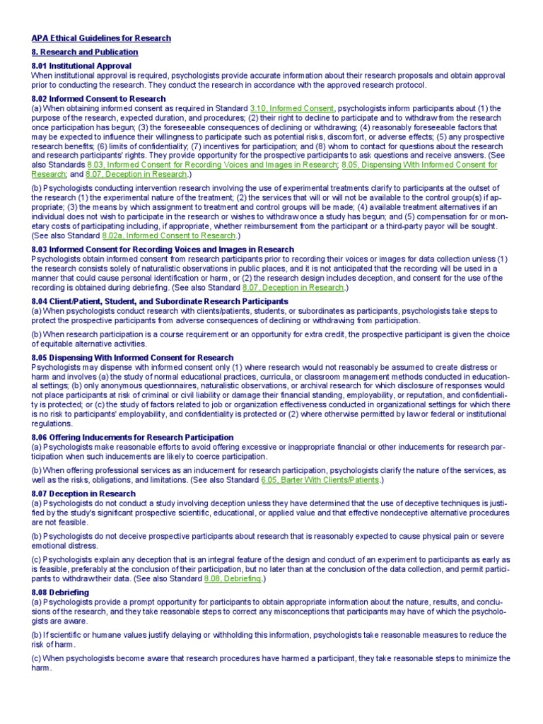 APA Ethical Guidelines For Research | PDF | Informed Consent | Risk