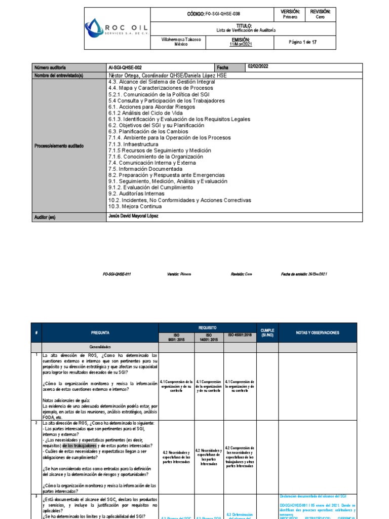 2 FO-SGI-QHSE-038 Lista de Verificación Auditoria Interna QHSE | PDF 2 FO-SGI-QHSE-038 Lista de Verificación Auditoria Interna QHSE | PDF
