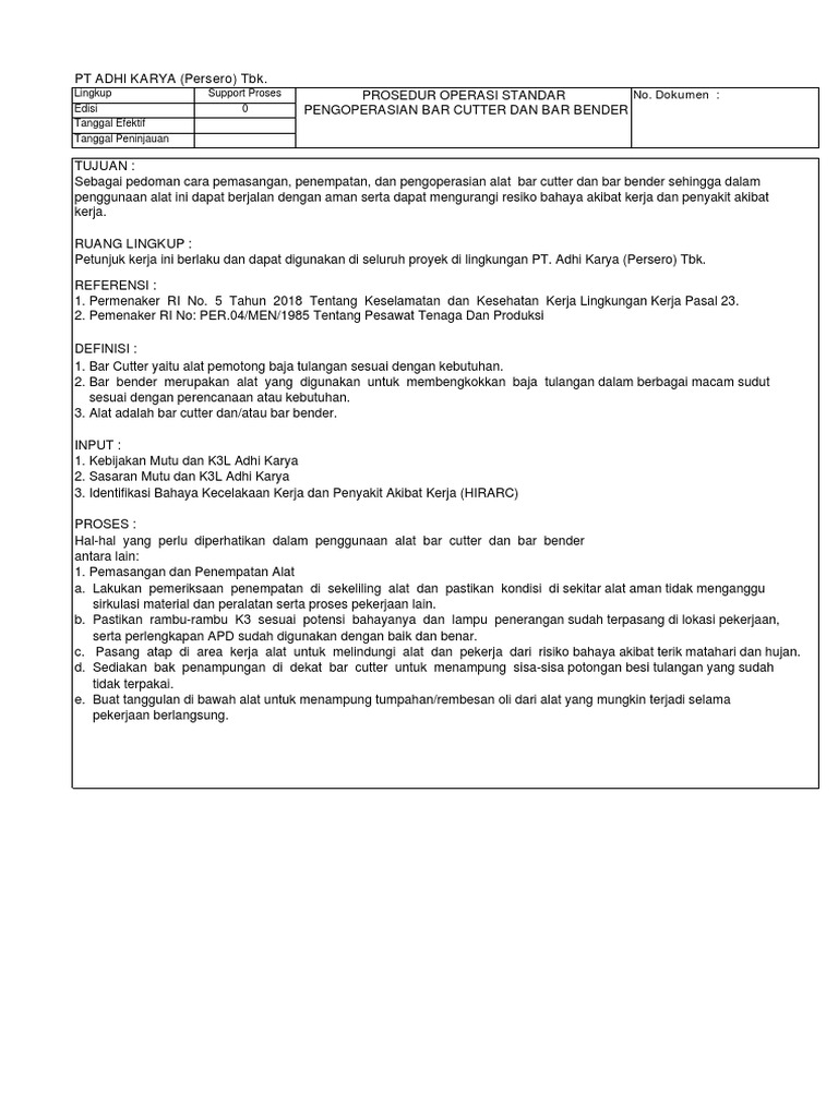 SOP Bar Bender Dan Cutter | PDF