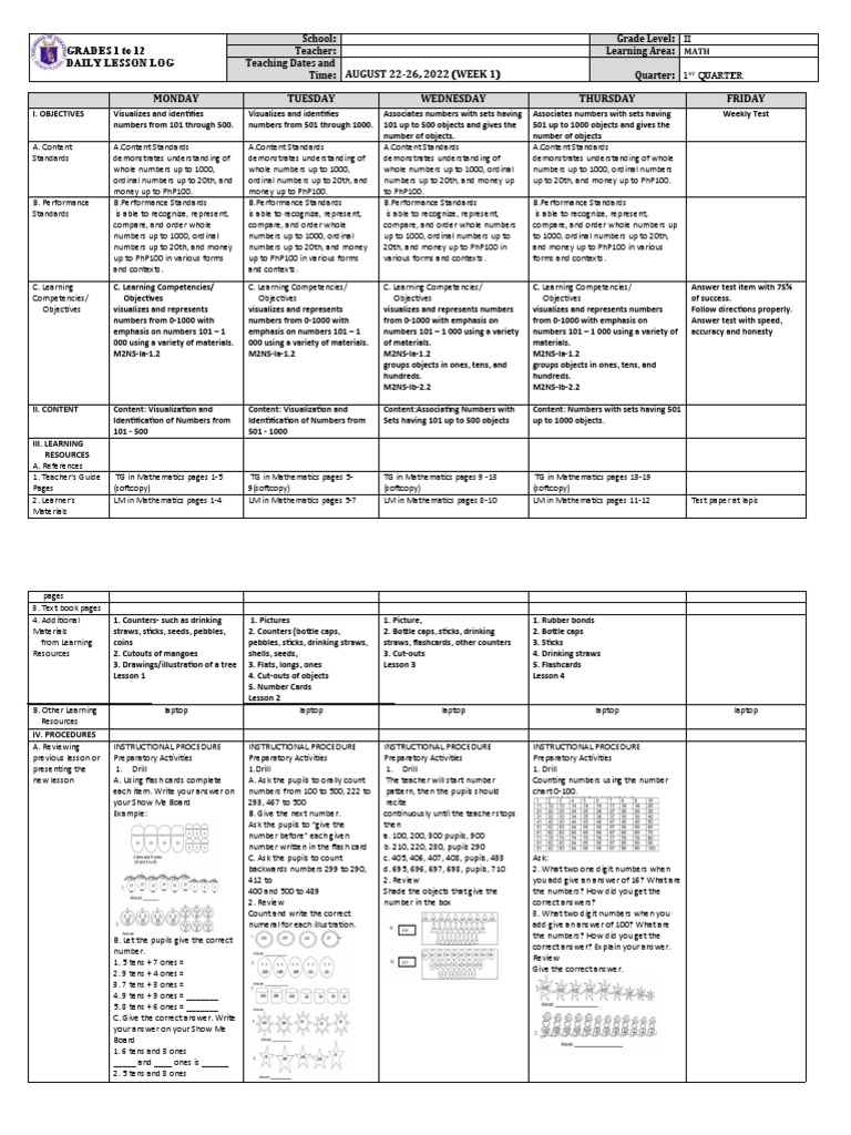 DLL - Math 2 - Q1 - W1 | PDF | Cognition | Learning