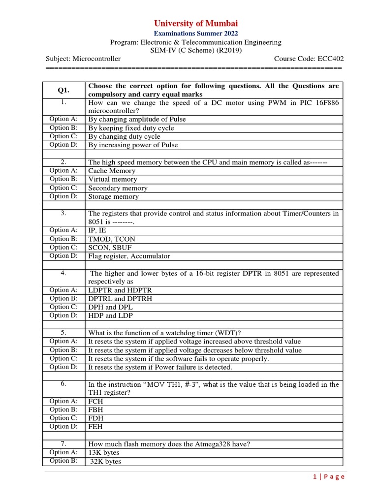 Qb Ecc402 May 2022 Examination Microcontroller Se Extc Sem Iv 2021 22 Pdf Random Access