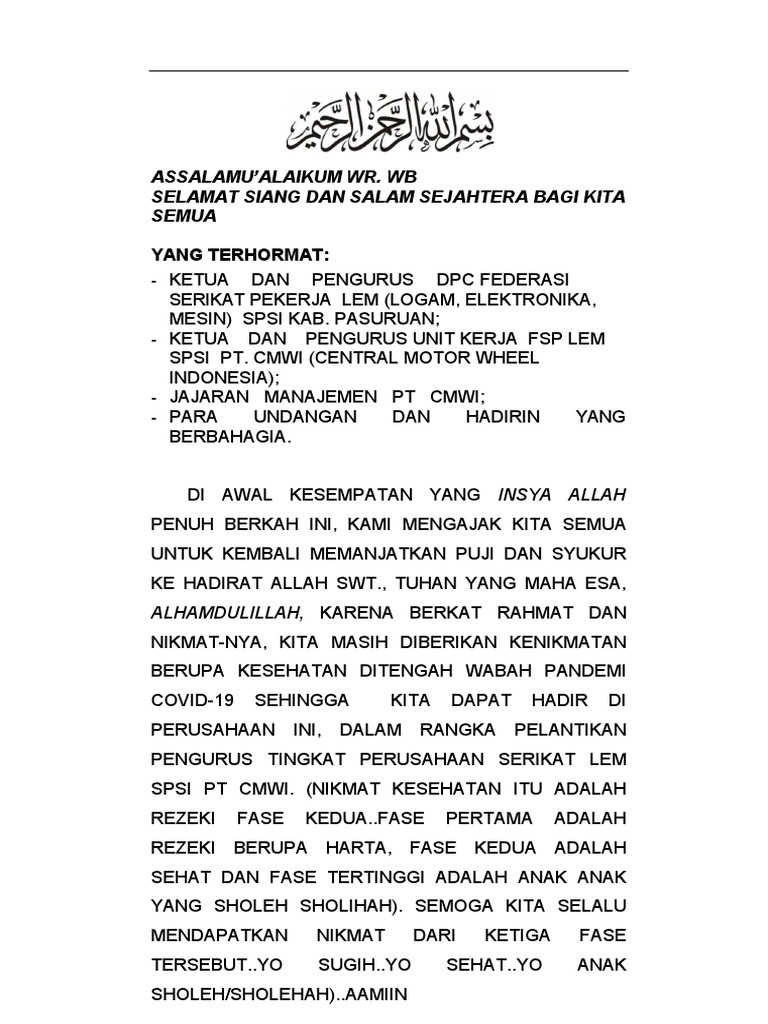 Pidato Peresmian PUK PT - CMWI | PDF