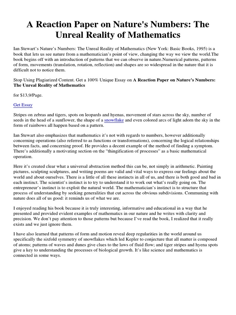 A Reaction Paper On Natures Numbers The Unreal Reality of Mathematics ...