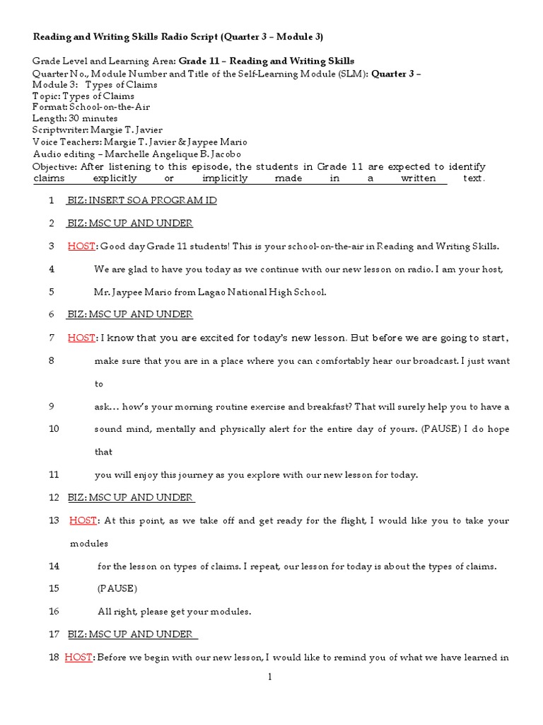 RBI Script For Reading and Writing (Q3 - Module 3) - Final | PDF | Cognition