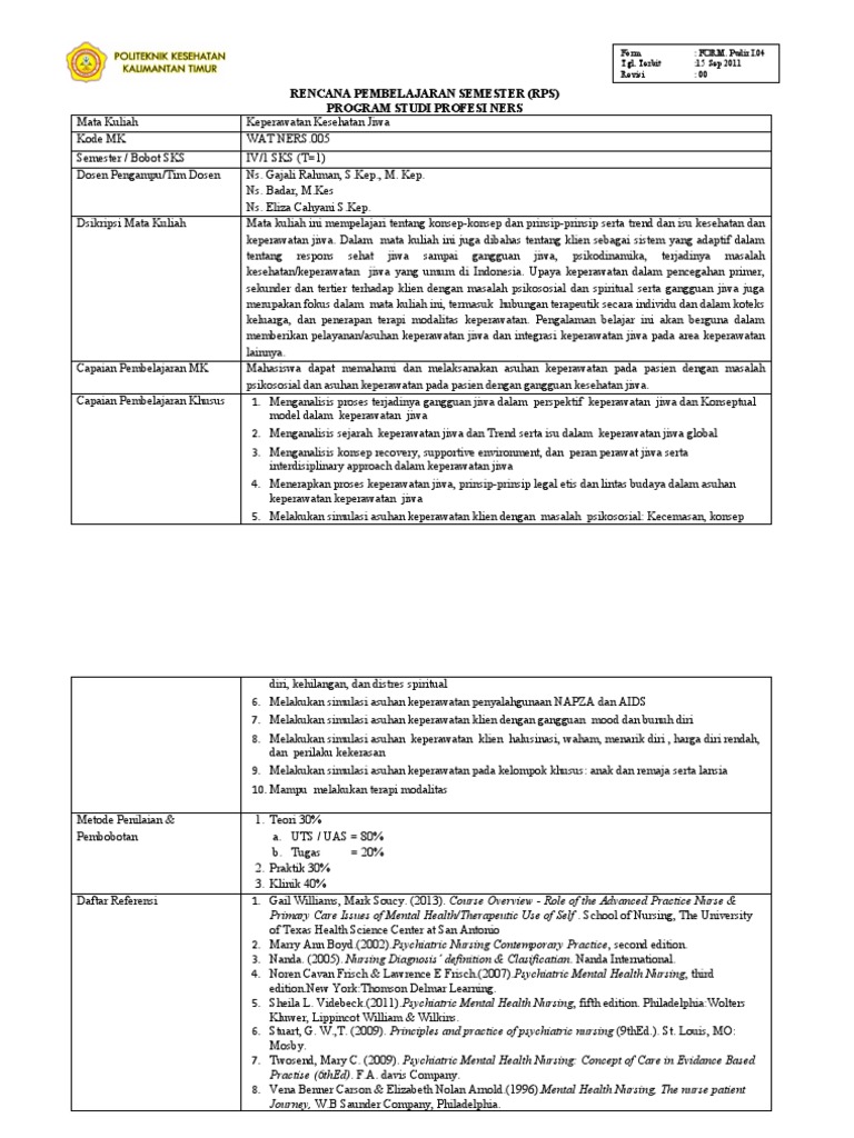 RPS Matrikulasi Keperawatan Kesehatan Jiwa-Reguler | PDF