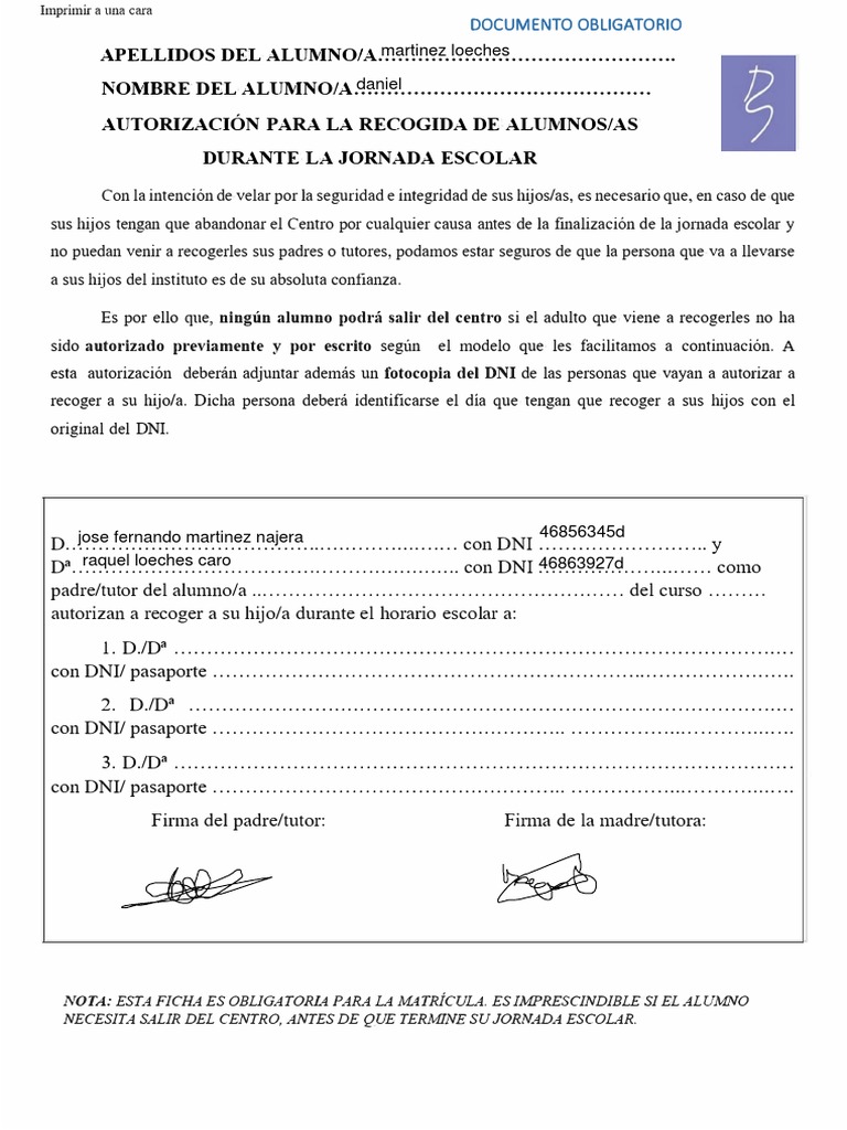 Autorización para La Recogida de Alumnos | PDF