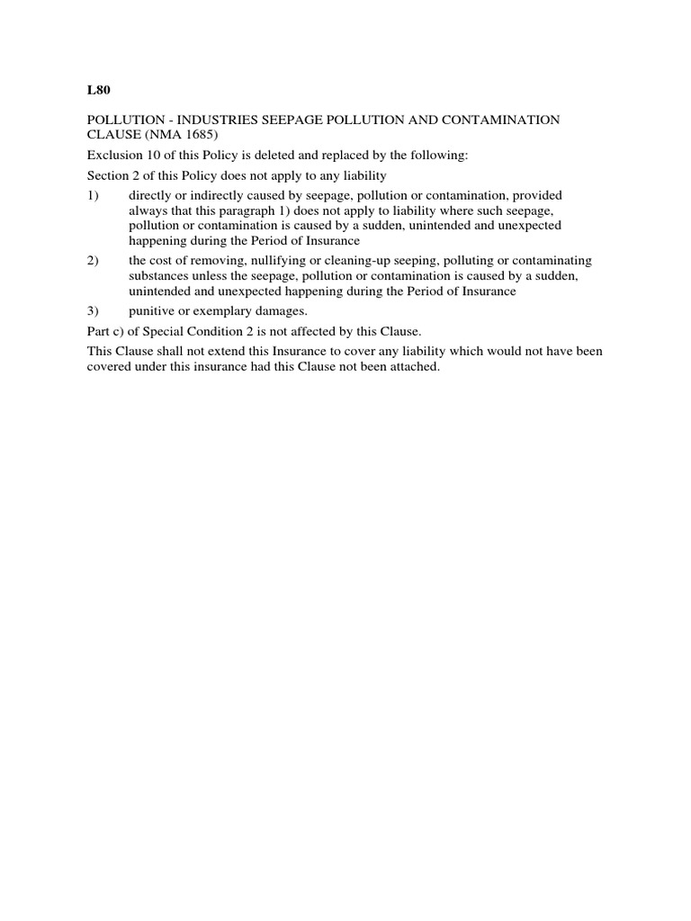 Pollution Exclusion Clause Amended to Cover Liabilities from Sudden and ...