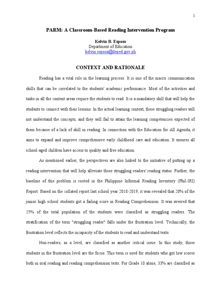 Parm A Classroom Based Reading Intervention Program Kelvin Esposa Deped Gov Ph Pdf
