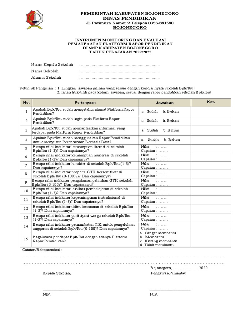 Instrumen Monev Platform Rapor Pendidikan - Agustus 2022 | PDF