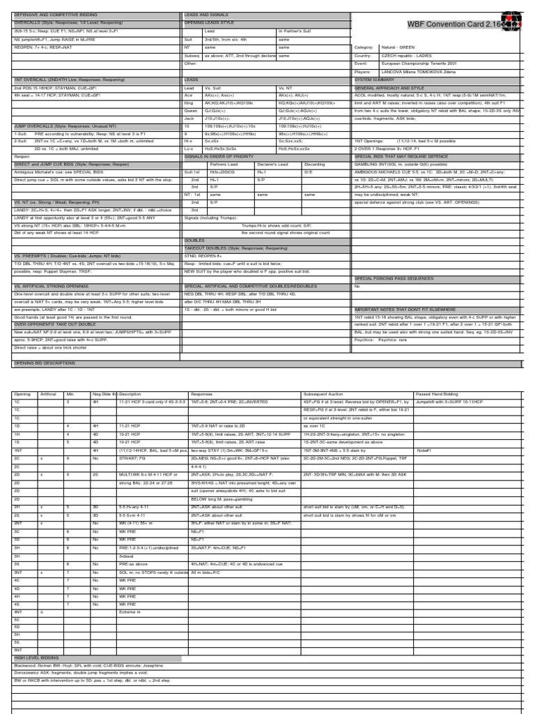 WBF Convention Card 2.16 | PDF | Contract Bridge