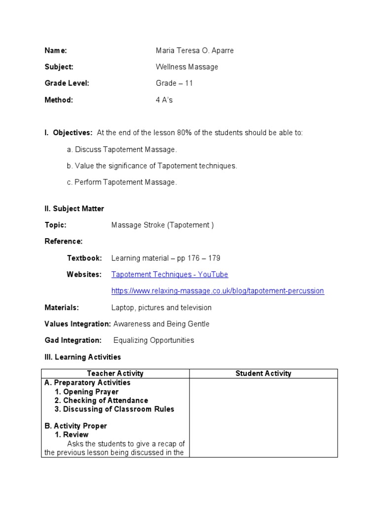 Tapotement Technique Lesson Plan | PDF