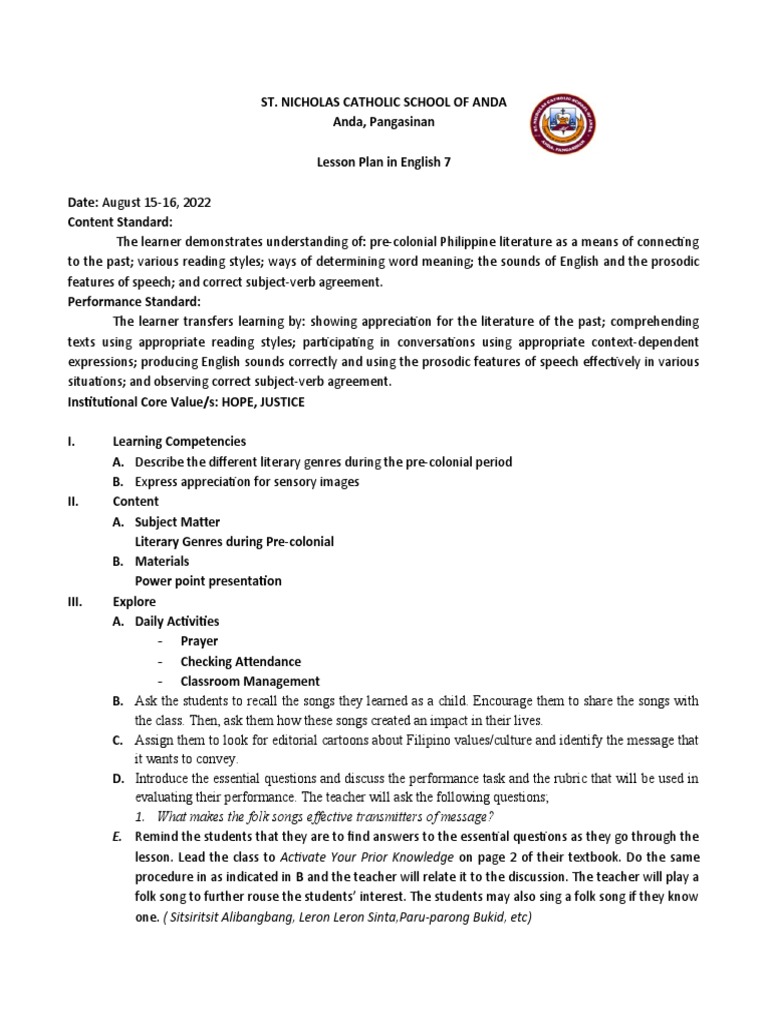 Learning Plan in English 7 | Download Free PDF | Learning | Proverb