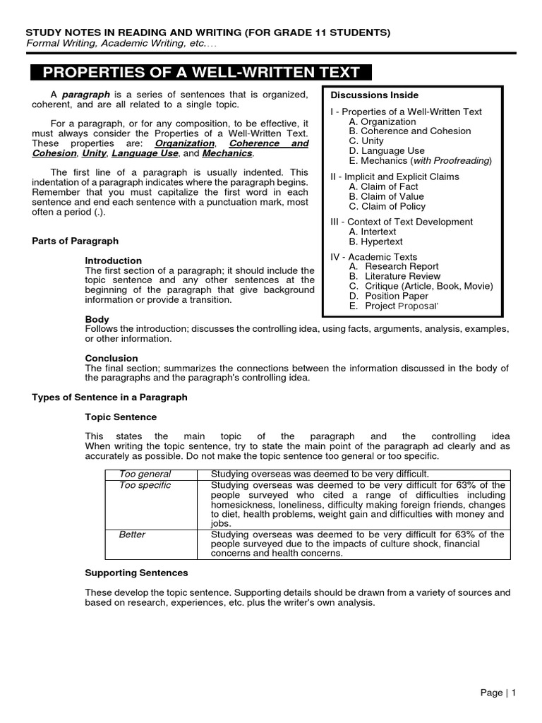 Reading and Writing (Reviewer For Grade 11) | PDF | Paragraph ...