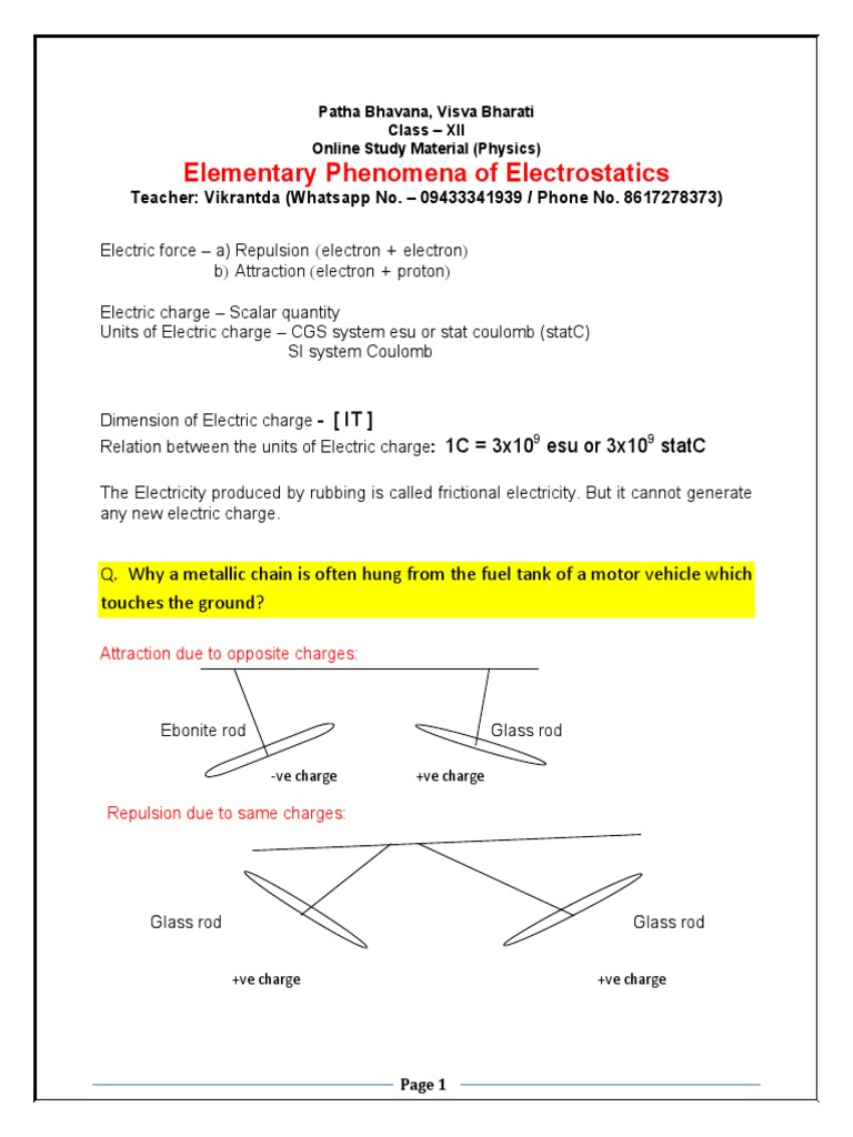 Electrostatics Study Guide for Class XII | PDF | Electric Charge ...