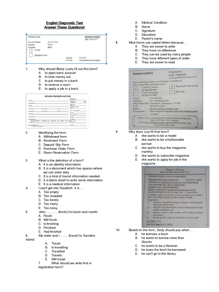 English Diagnostic Test Answer These Questions! | PDF | Books ...