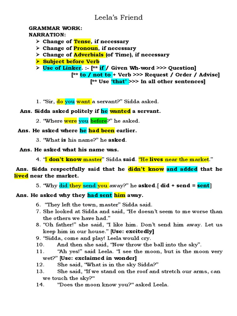 Leela's Friend - Grammar Exercise & Homework | PDF | Subject (Grammar ...