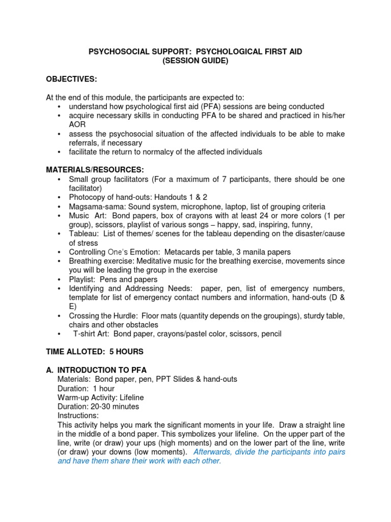 Psychosocial Support: Psychological First Aid (Session Guide ...