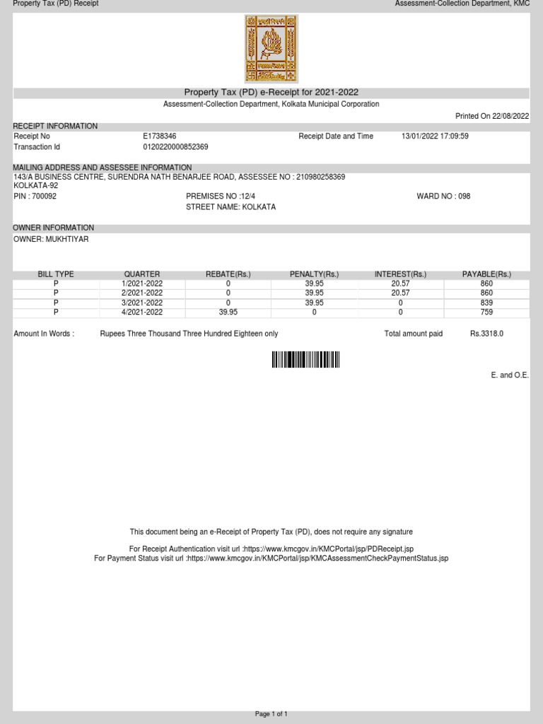 Property Tax (PD) E-Receipt For 2021-2022: Page 1 of 1 | Download Free ...
