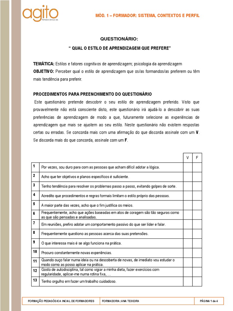 Estilos De Aprendizagem Questionário Interativo Pdf Aprendizado