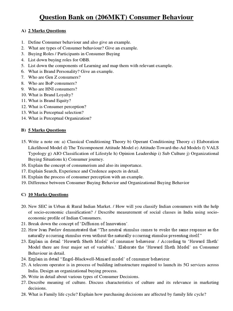 Question Bank On (206MKT) Consumer Behaviour: A) 2 Marks Questions ...