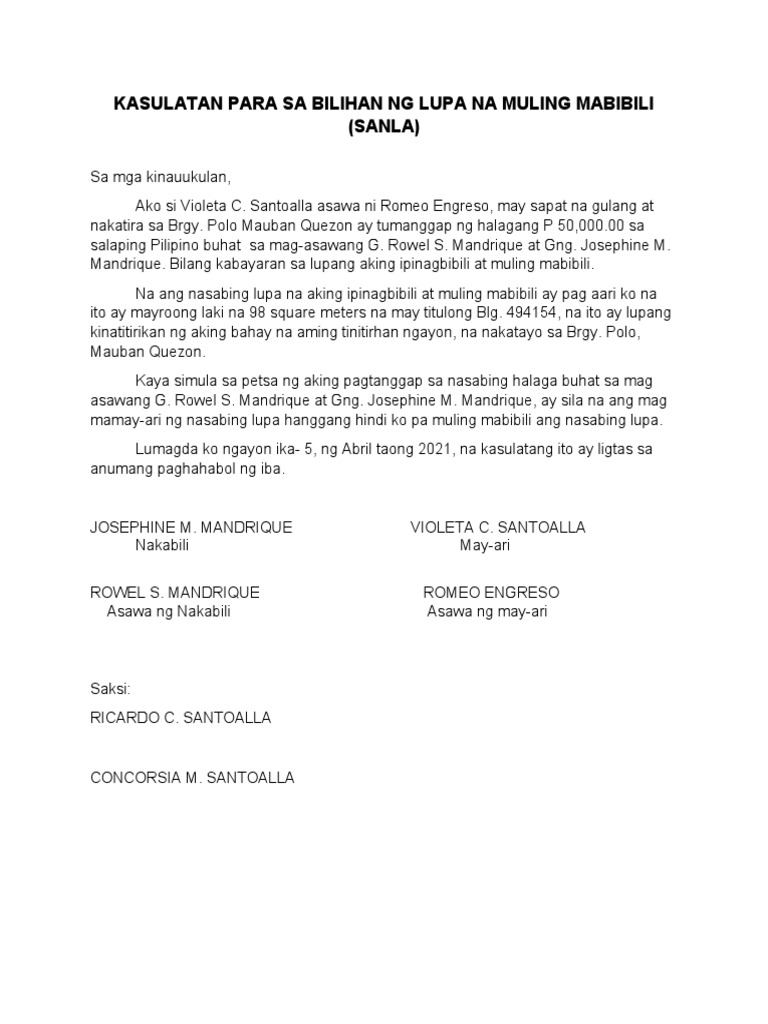 Kasulatan para Sa Bilihan NG Lupa Na Muling Mabibili | PDF