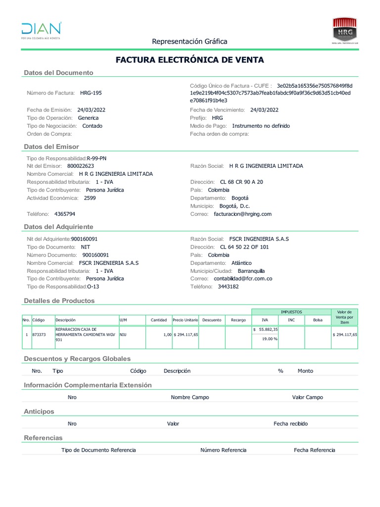 FV HRG195 FSCR Ingenieria Sas | PDF | Factura | Economias