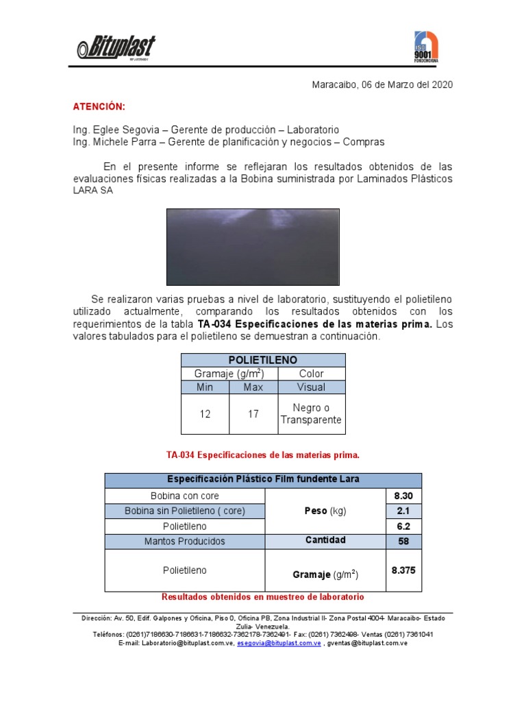 Resultados Obtenidos Polietileno Laminados Plastico LARA 2021 08 06 | PDF