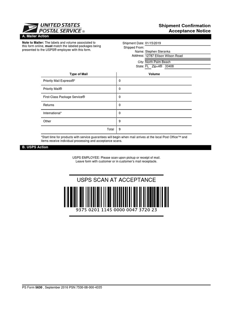 USPS End of Day Form 2019-01-14 | PDF