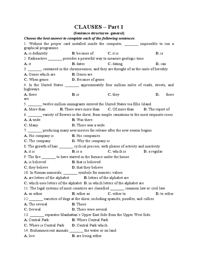 Clauses - Part 1: Choose The Best Answer To Complete Each of The ...