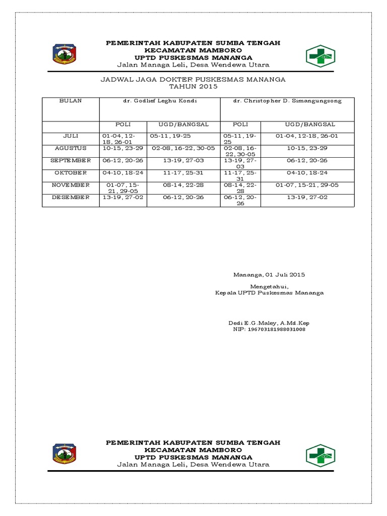Jadwal Jaga Dokter | PDF