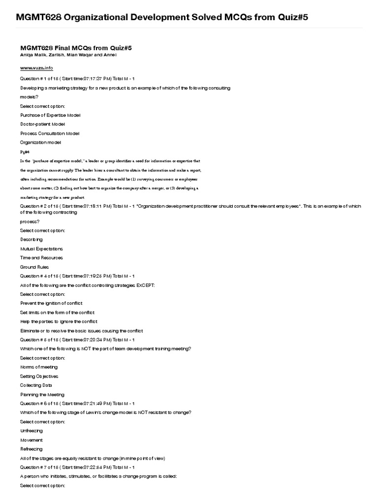 MGMT628 Organizational Development MCQs | PDF | Organization ...