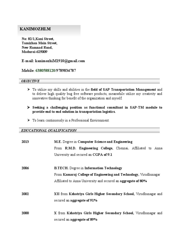 Resume of Kanimozhi Promantus | PDF | Enterprise Resource Planning | Computer Science