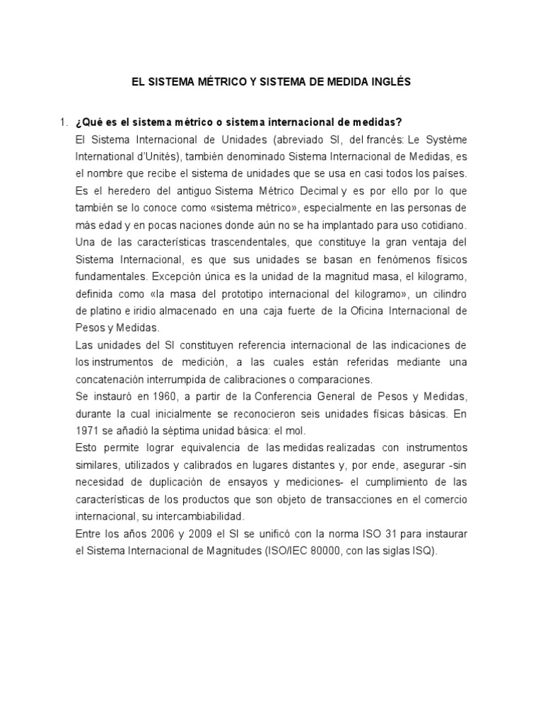 El Sistema Métrico y Sistema de Medida Inglés | PDF | Sistema ...