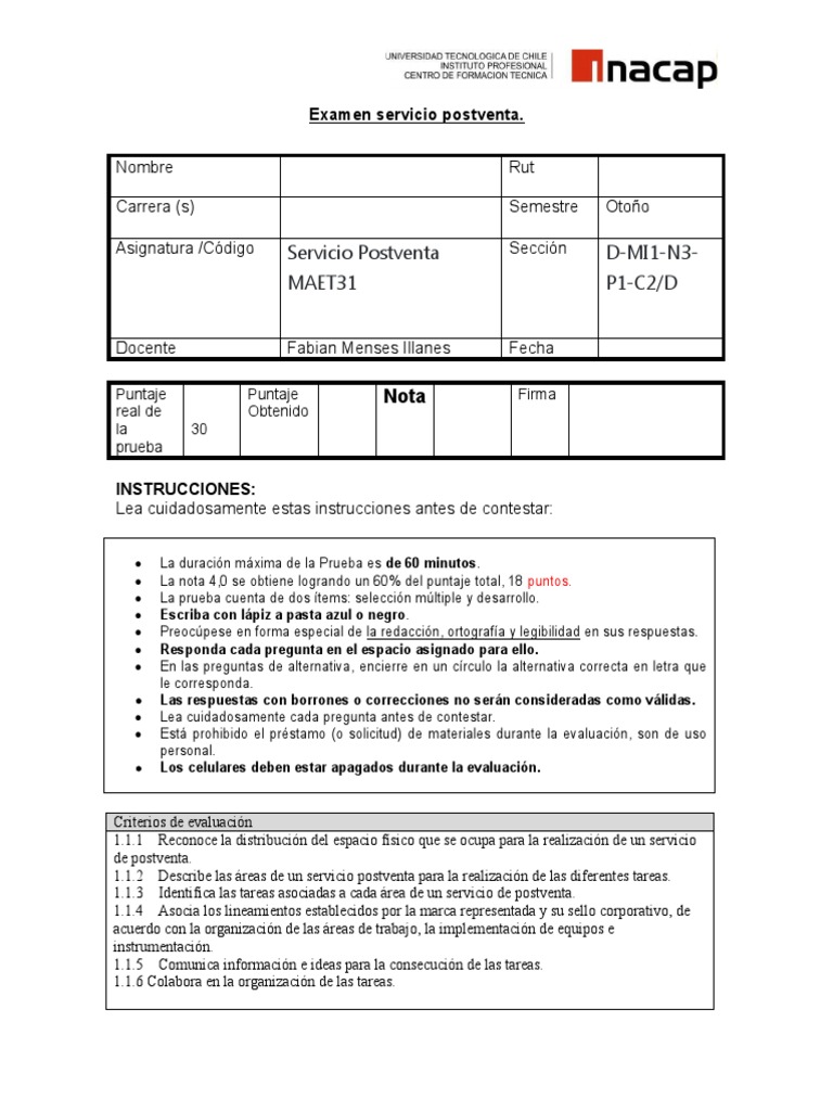 Examen Postventa | PDF | Prueba (evaluación)