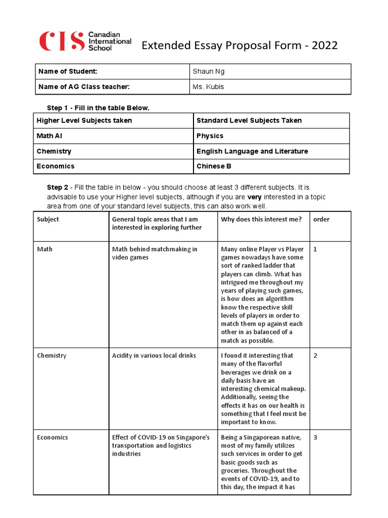 Extended Essay Proposal Form - 2022: Shaun NG Ms. Kubis | PDF | Drink ... Extended Essay Proposal Form - 2022: Shaun NG Ms. Kubis | PDF | Drink ...